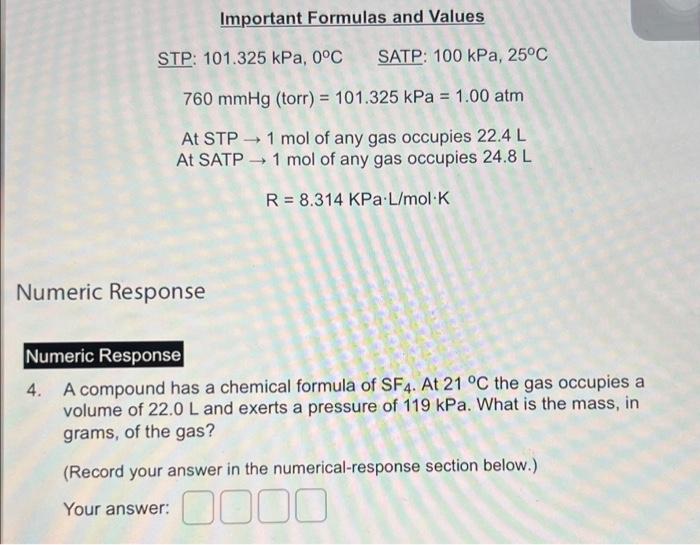 Solved Important Formulas and Values STP: 101.325kPa,0∘C | Chegg.com