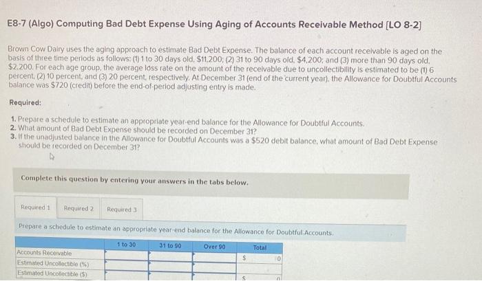 Solved E8-7 (Algo) Computing Bad Debt Expense Using Aging of | Chegg.com