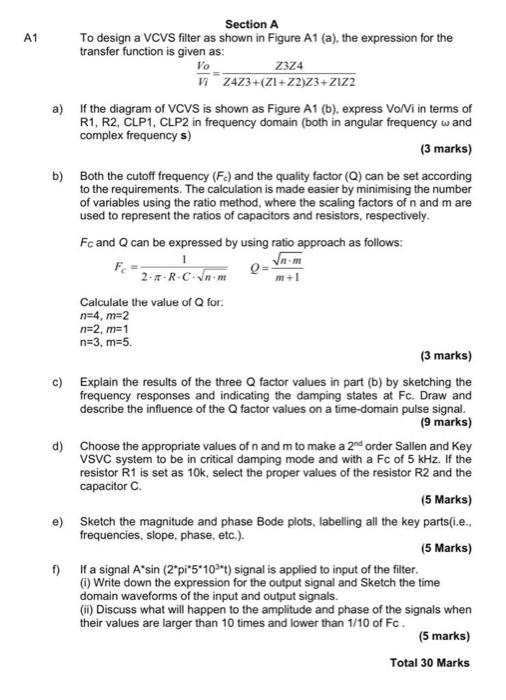 Solved A1 Section A To design a VCVS filter as shown in | Chegg.com