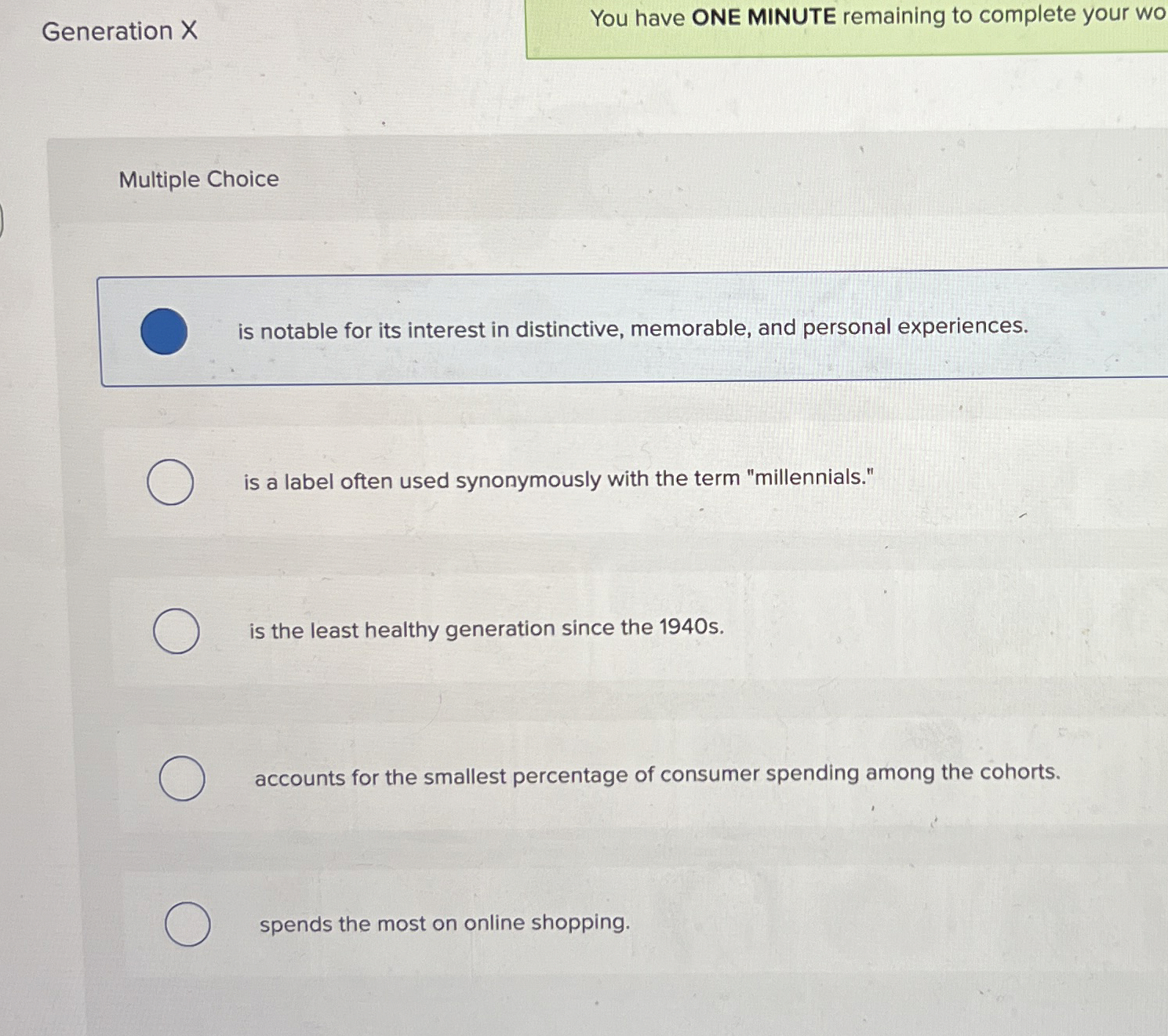 Solved Generation xYou have ONE MINUTE remaining to complete | Chegg.com