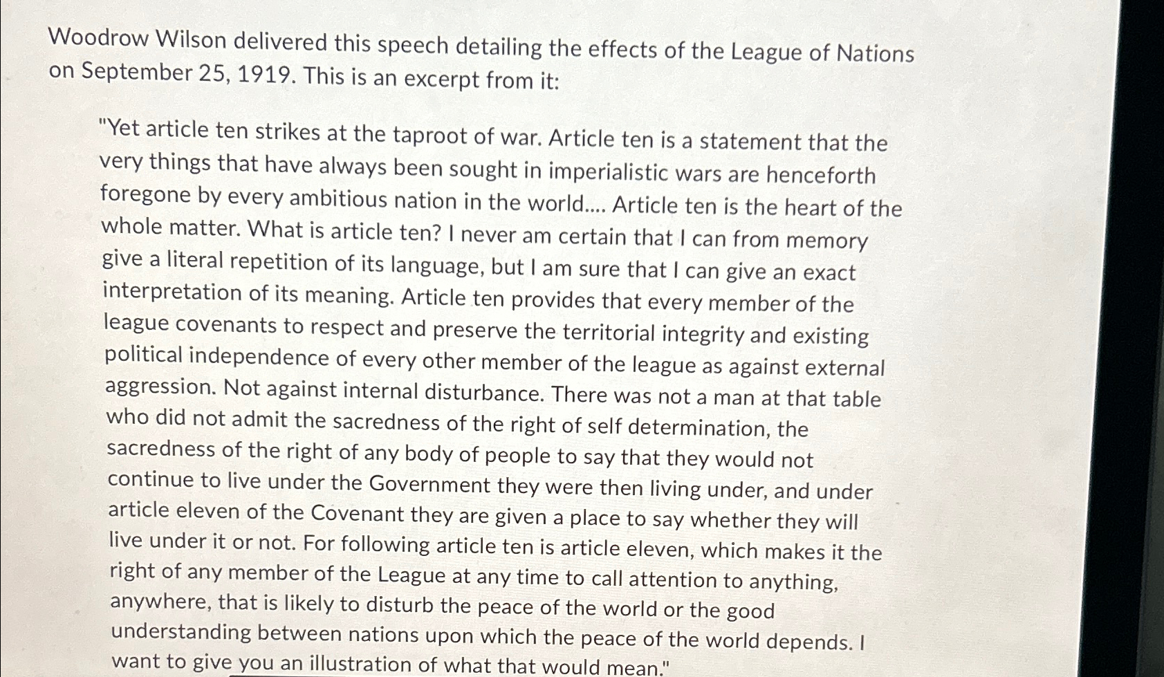 Solved Woodrow Wilson delivered this speech detailing the | Chegg.com