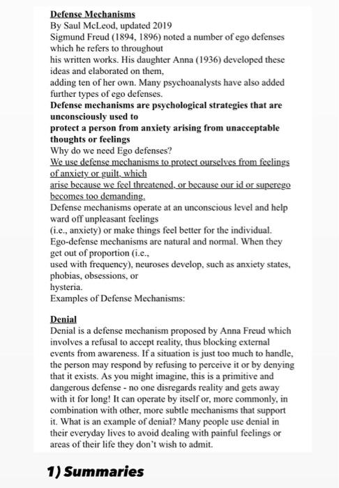 Solved Defense Mechanisms By Saul McLeod, updated 2019 | Chegg.com