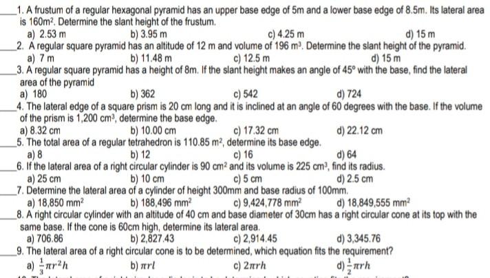 Solved 1. A frustum of a regular hexagonal pyramid has an | Chegg.com