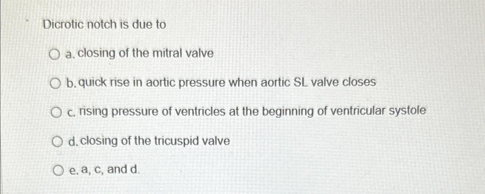 Solved Dicrotic notch is due toa. ﻿closing of the mitral | Chegg.com