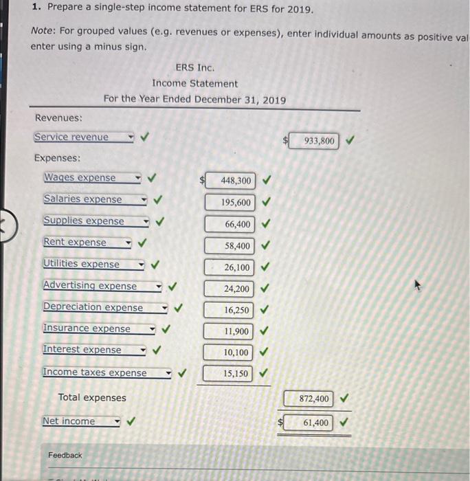 Solved 1. Prepare a single-step income statement for ERS for | Chegg.com
