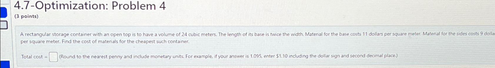 Solved 4.7-Optimization: Problem 4(3 ﻿points)A rectangular | Chegg.com