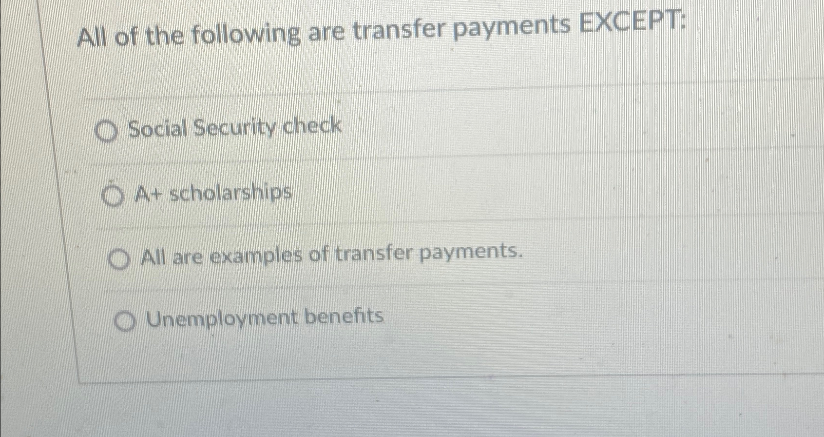 Solved All of the following are transfer payments | Chegg.com