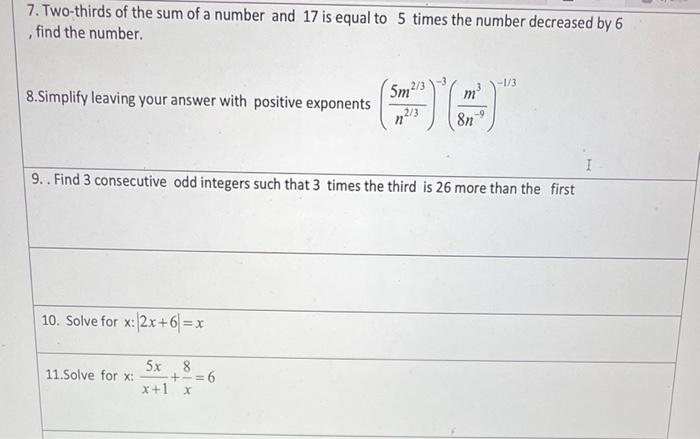 Solved 7. Two-thirds of the sum of a number and 17 is equal | Chegg.com