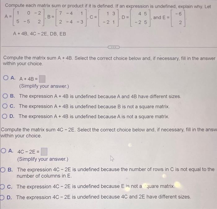 Solved Compute each matrix sum or product if it is defined. | Chegg.com