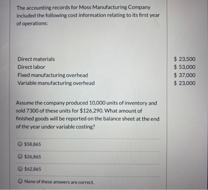 Solved The accounting records for Moss Manufacturing Company | Chegg.com