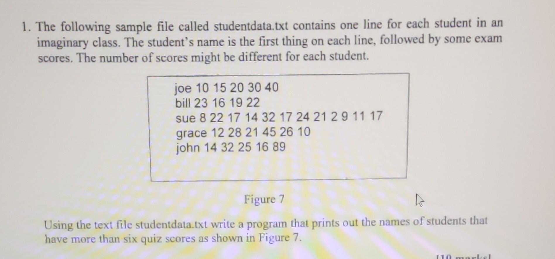 Solved 1. The following sample file called studentdata.txt | Chegg.com