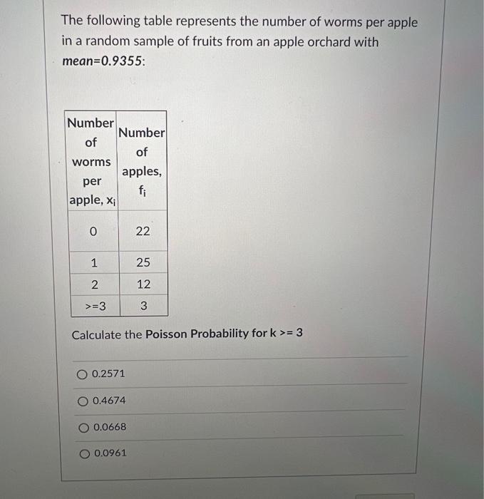 Solved The following table represents the number of worms | Chegg.com