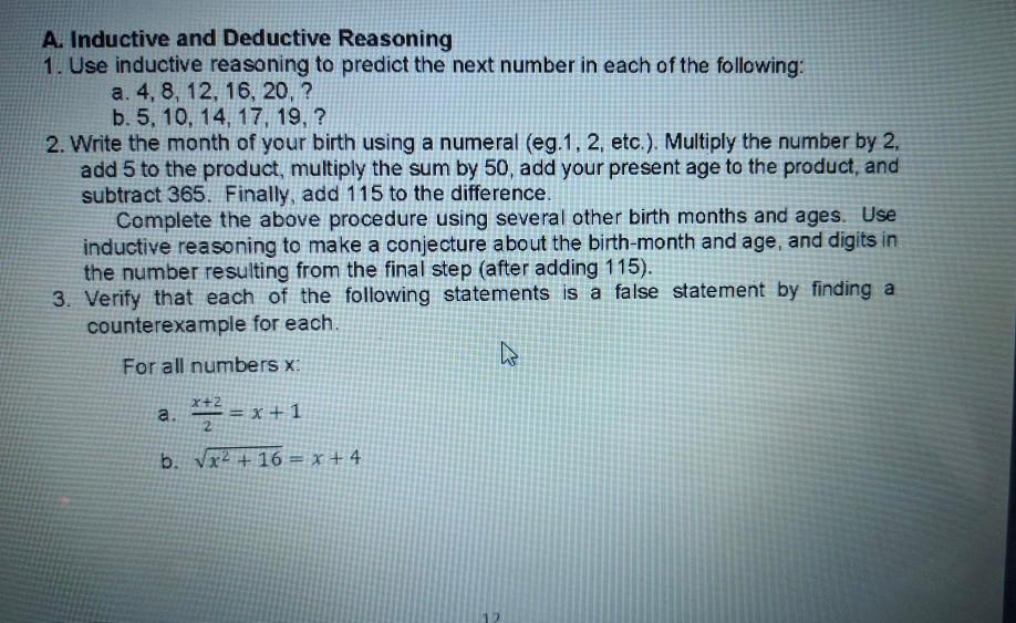 Solved A. Inductive and Deductive Reasoning 1. Use inductive | Chegg.com