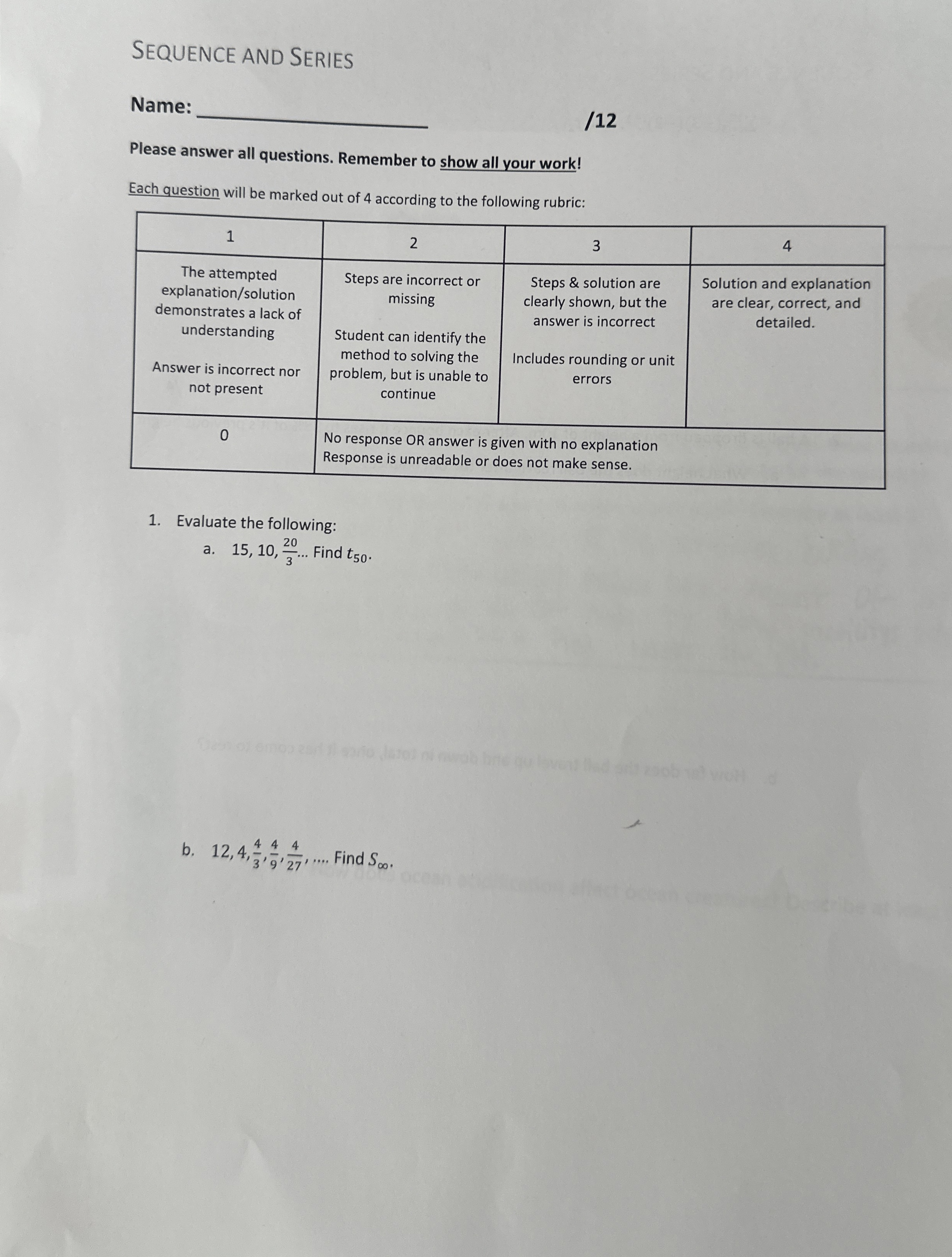 Solved SEQUENCE AND SERIESName?12Please answer all | Chegg.com