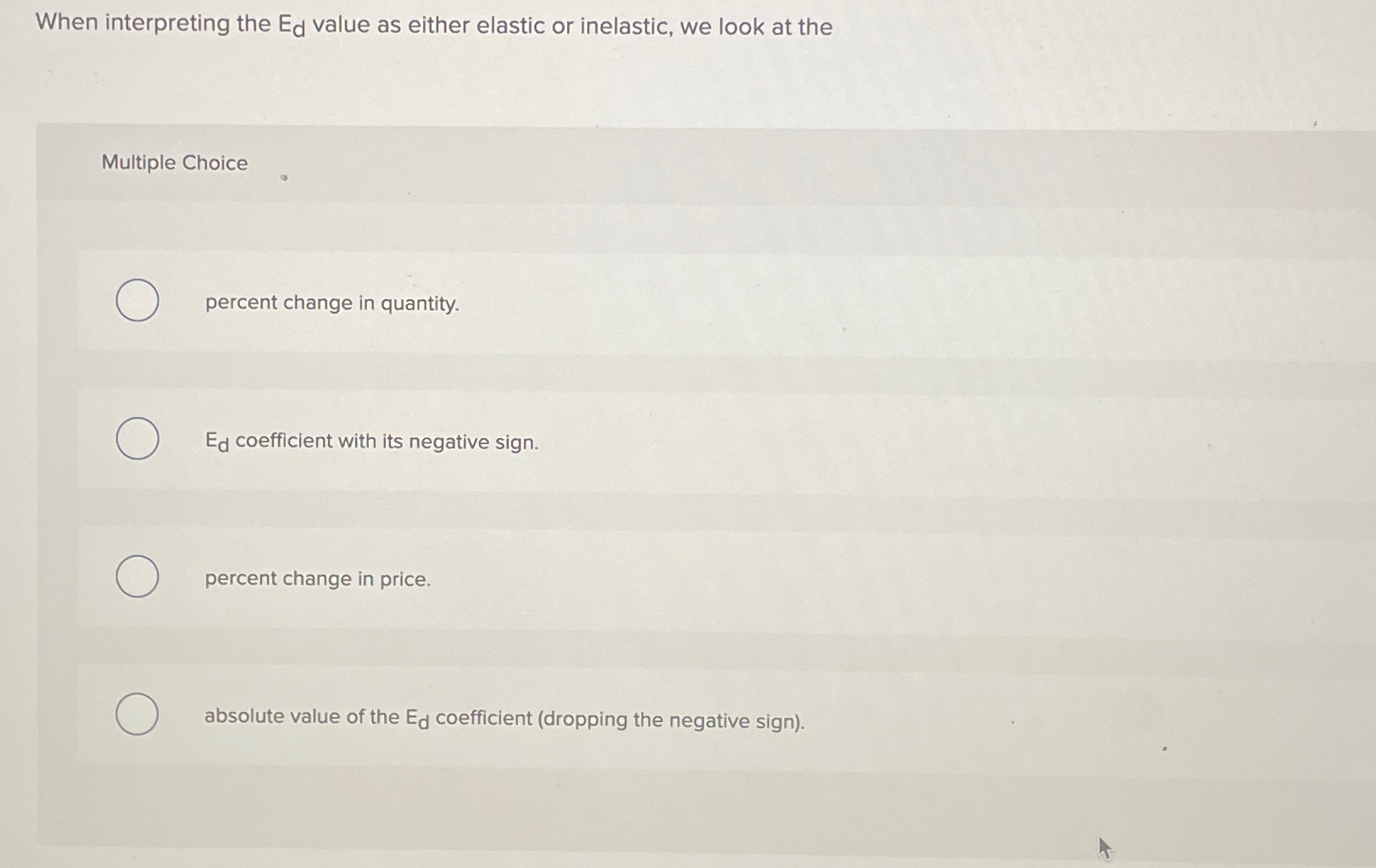 Solved When interpreting the Ed ﻿value as either elastic or | Chegg.com