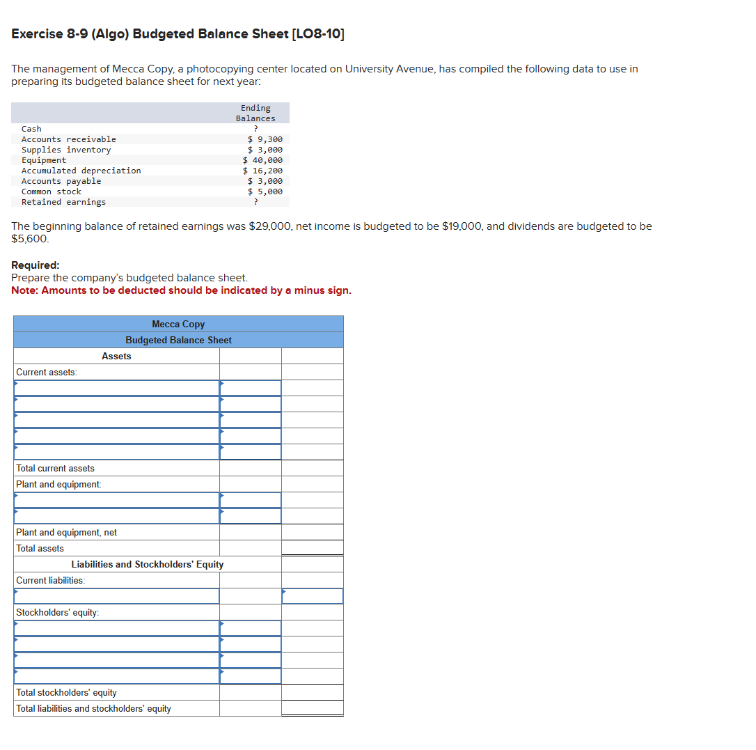Exercise 8-9 (Algo) ﻿Budgeted Balance Sheet | Chegg.com