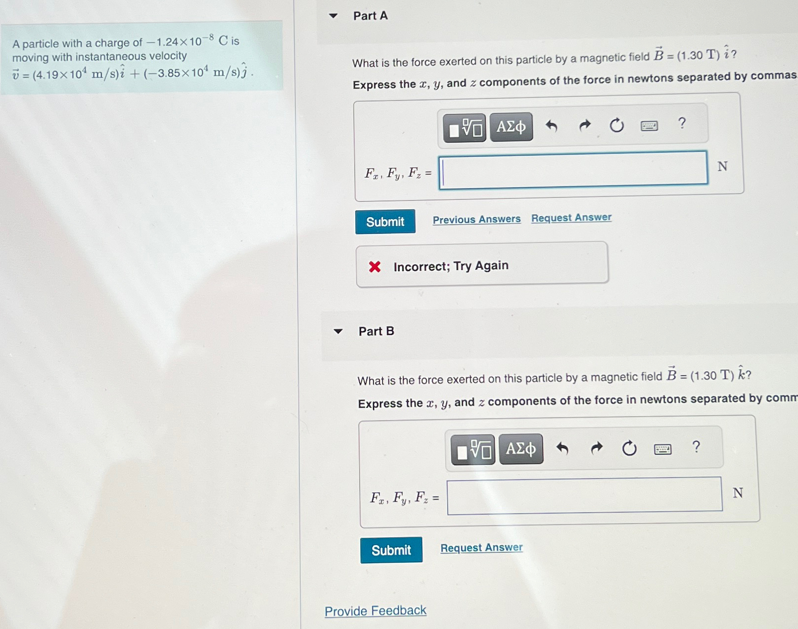 Solved Part AA particle with a charge of -1.24×10-8C ﻿is | Chegg.com
