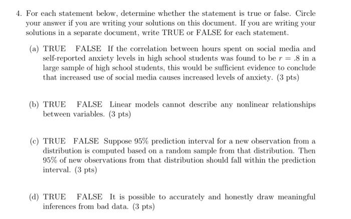 Solved 4. For each statement below, determine whether the | Chegg.com