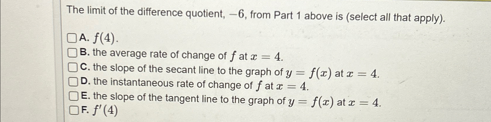 Solved The limit of the difference quotient, -6 , ﻿from Part | Chegg.com