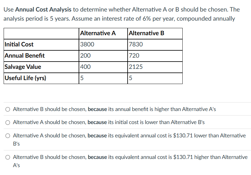 Solved by an EXPERT Use Annual Cost Analysis to determine whether ...