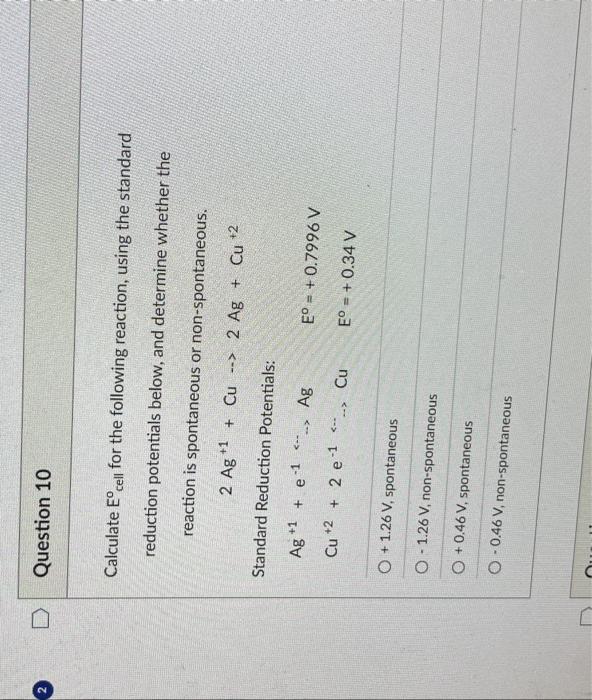 Solved Calculate E∘ Cell For The Following Reaction Using