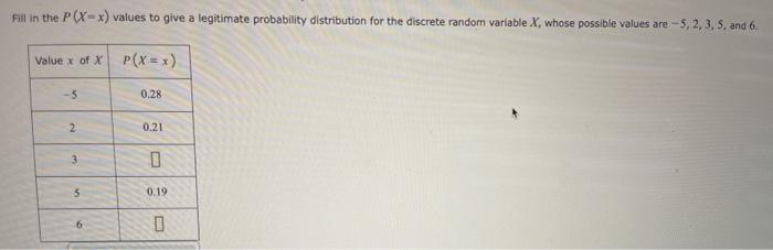 Solved Fill in the P(x=x) values to give a legitimate | Chegg.com