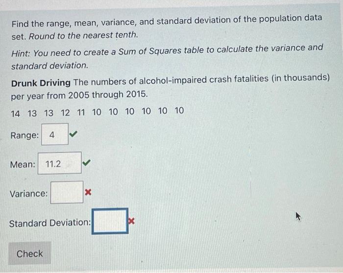 Solved Find the range, mean, variance, and standard | Chegg.com