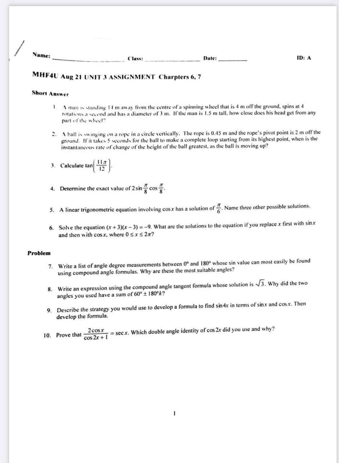 Solved Name: Date: ID: A MHF4U Aug 21 UNIT 3 ASSIGNMENT | Chegg.com