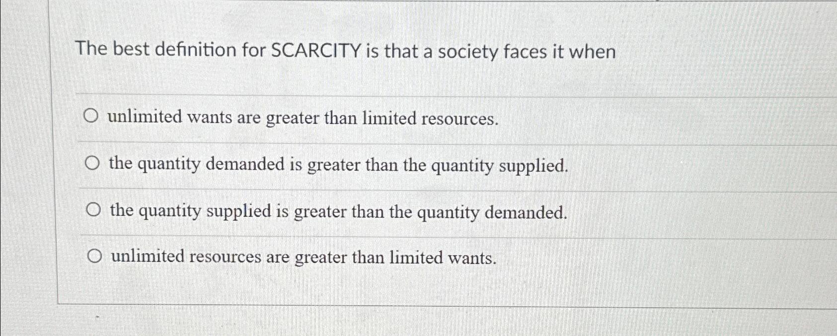 Solved The best definition for SCARCITY is that a society | Chegg.com