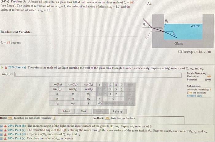 Solved (14\%) Problem 5: A beam of light enters a glass tank | Chegg.com