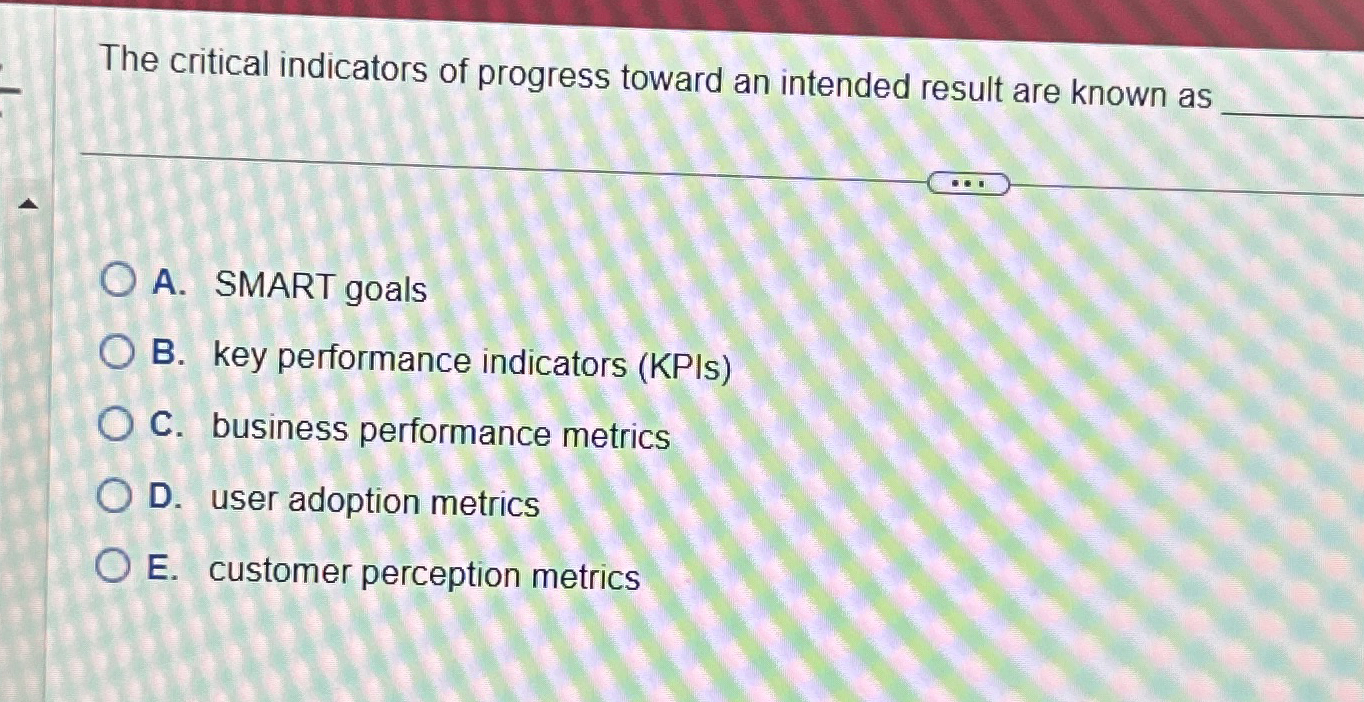 Solved The critical indicators of progress toward an | Chegg.com