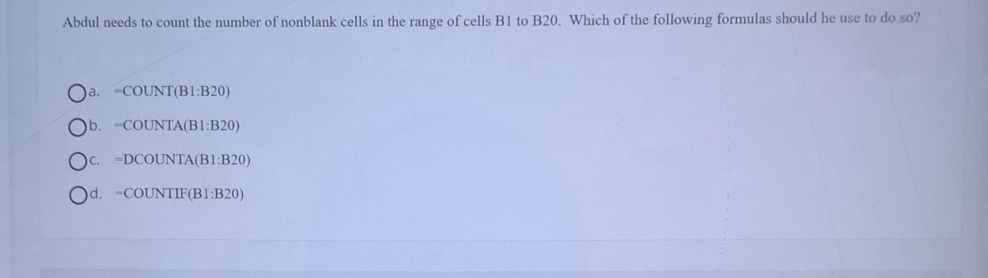 Solved Abdul Needs To Count The Number Of Nonblank Cells In Chegg solved-abdul-needs-to-count-the-number-of-nonblank-cells-in-chegg