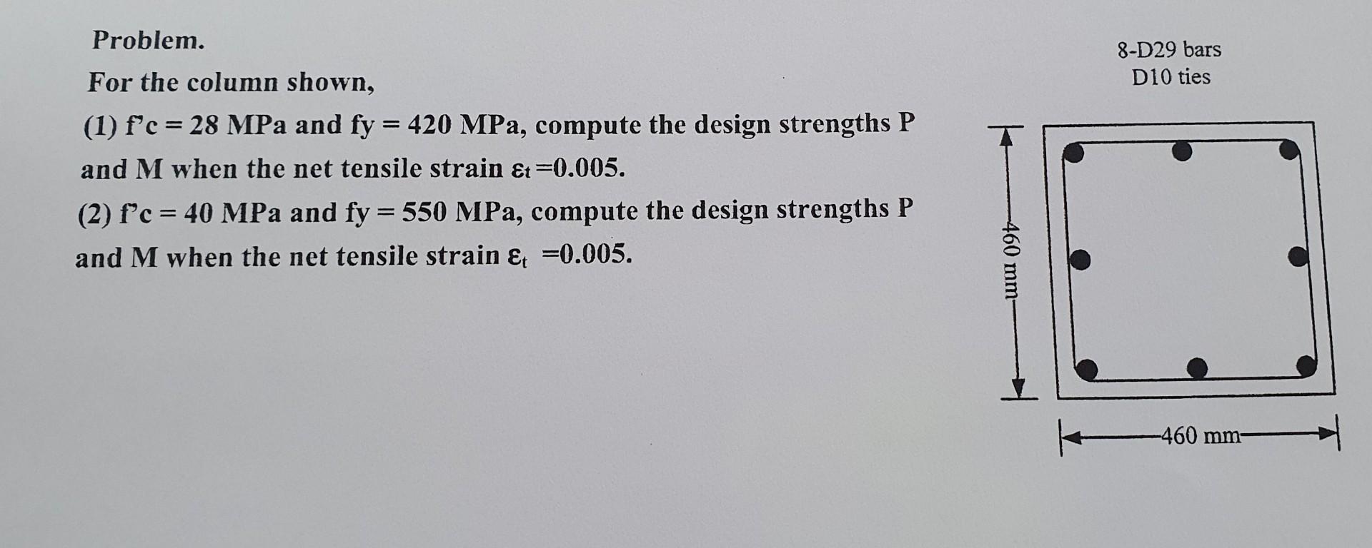 Solved Problem.8-D29 ﻿barsFor the column shown,(1) f'c=28MPa | Chegg.com