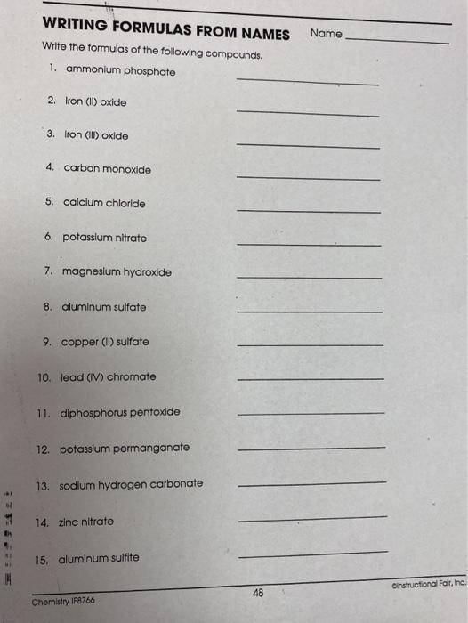 Solved Name WRITING FORMULAS FROM NAMES Write the formulas | Chegg.com
