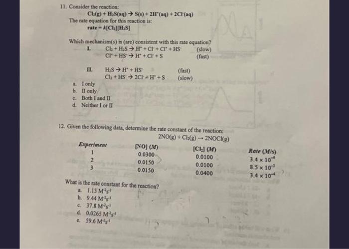 Solved 11. Consider the reaction: Cl2( g)+H2 | Chegg.com