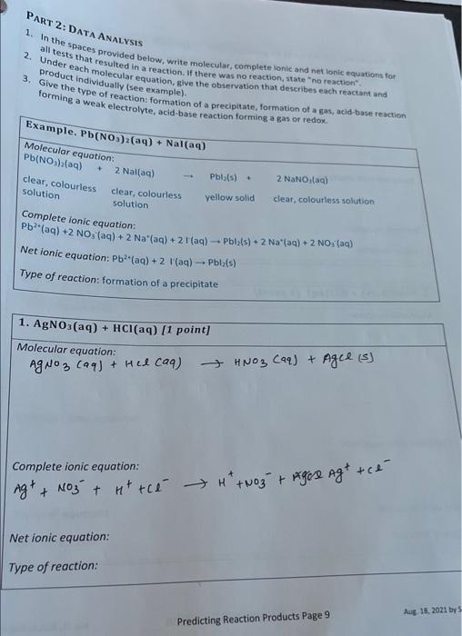 Solved PART 2: DATA ANALYSIS 1. In the spaces provided | Chegg.com