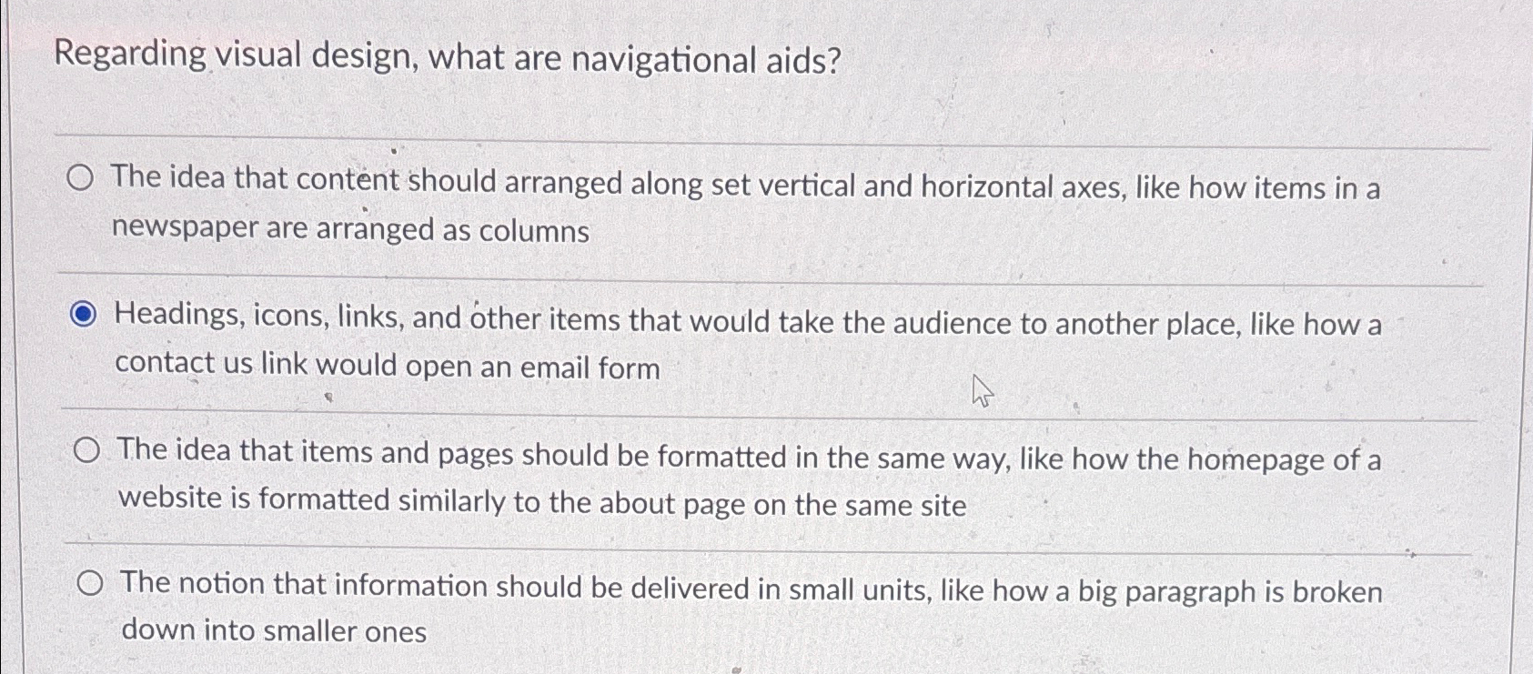 Solved Regarding visual design, what are navigational | Chegg.com