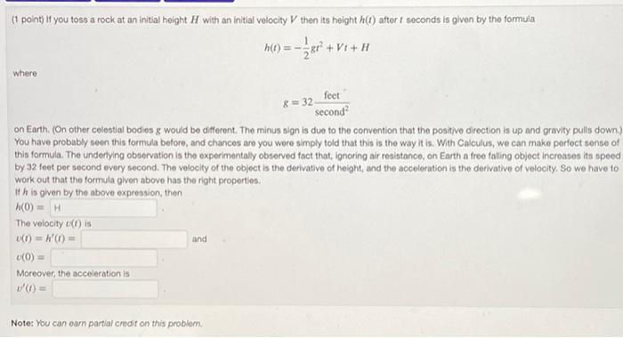 Solved (1 point) If you toss a rock at an initial height H | Chegg.com