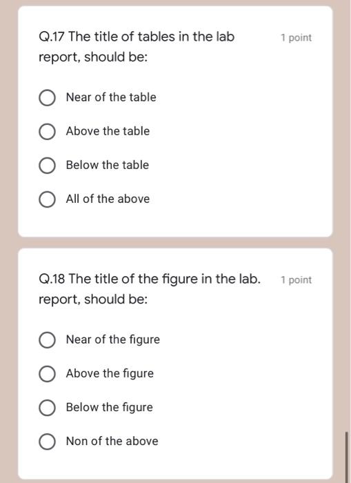 Solved 1 point Q.17 The title of tables in the lab report, | Chegg.com