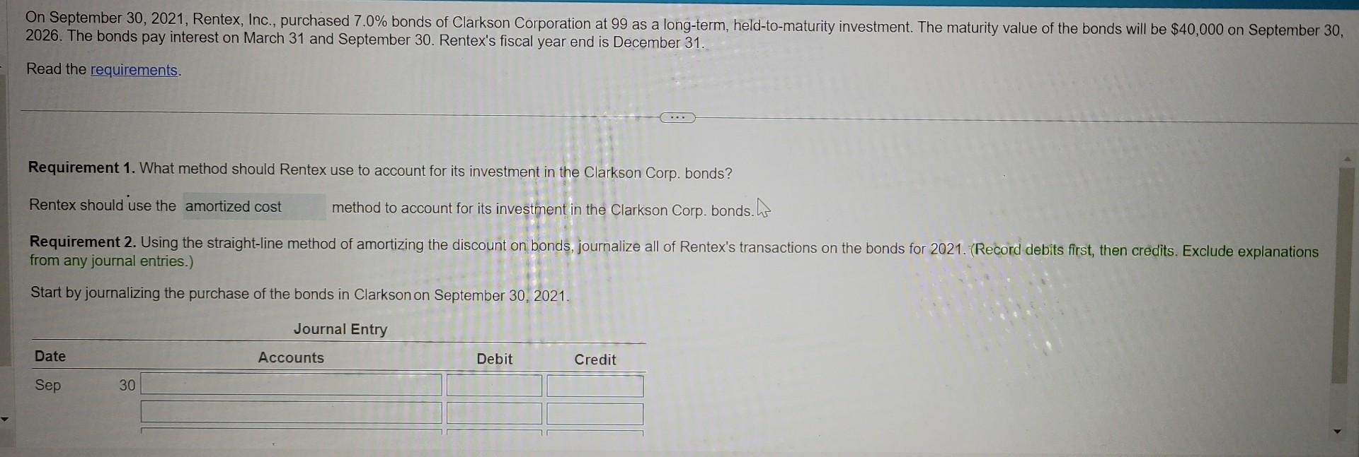 Solved On September 30,2021 , Rentex, Inc., purchased 7.0% | Chegg.com