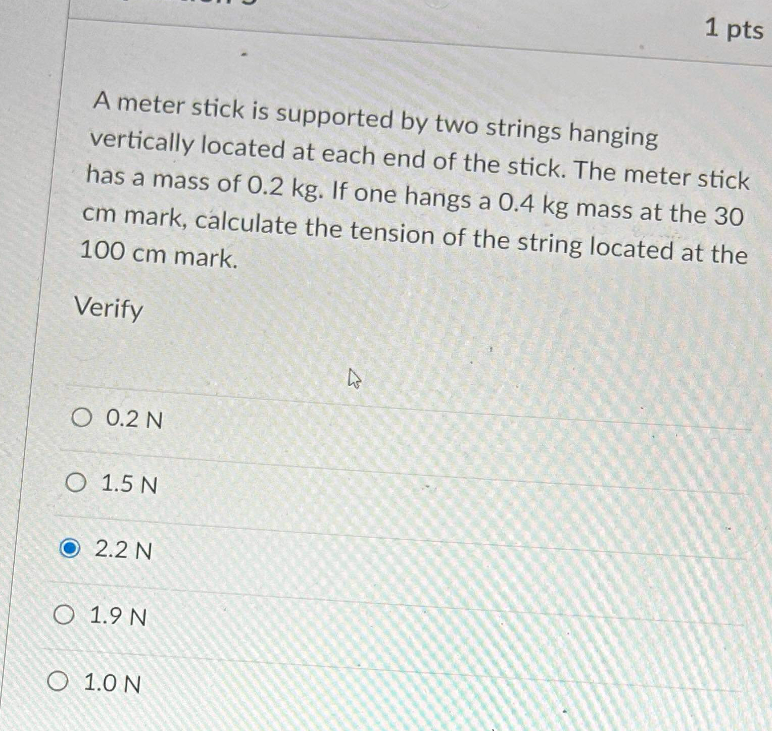 Solved 1ptsA meter stick is supported by two strings hanging | Chegg.com