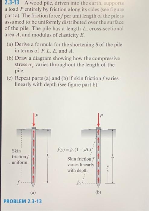Solved 2.3-13 A wood pile, driven into the earth, supports a | Chegg.com
