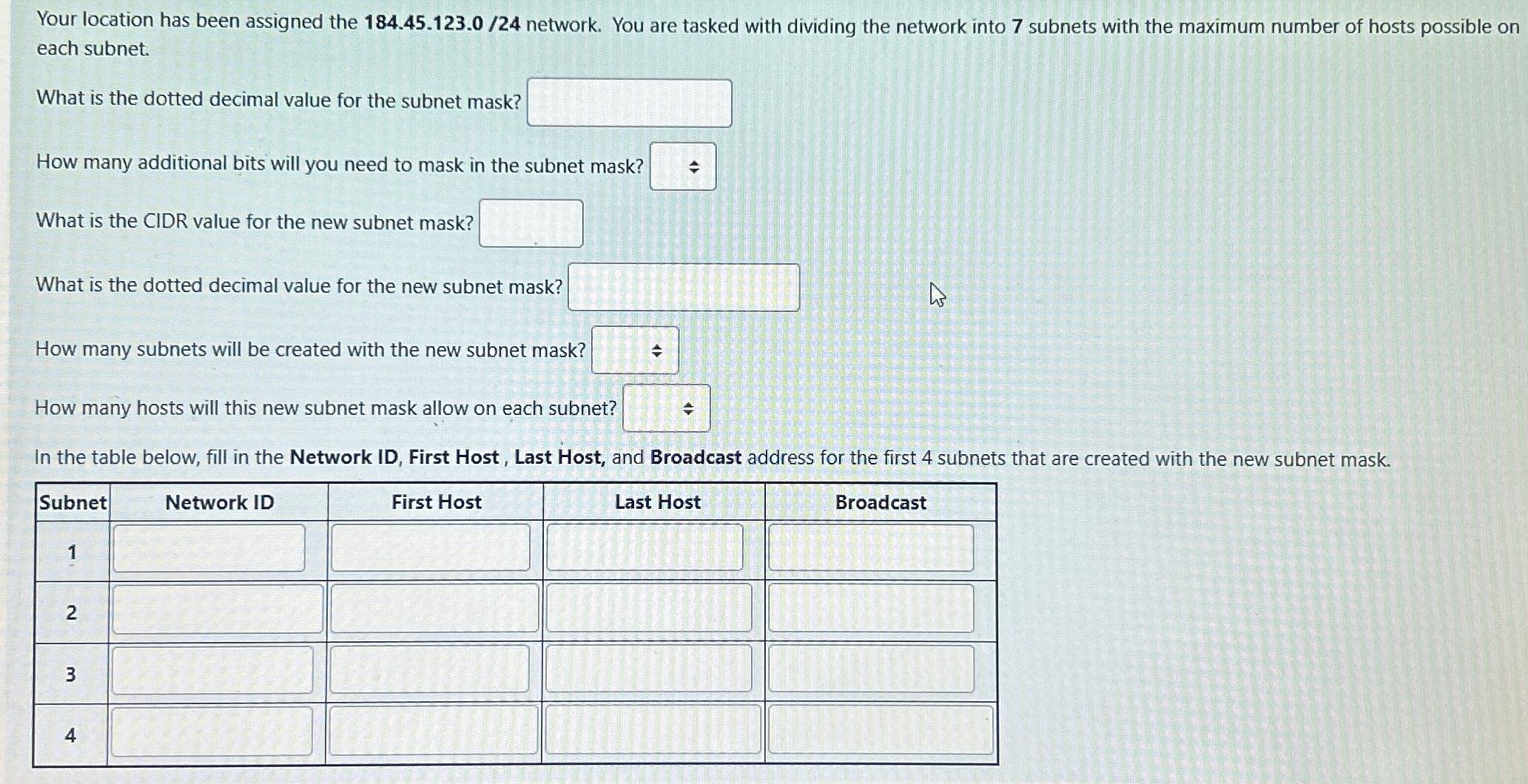 Your location has been assigned the 184.45.123.0 /24 | Chegg.com