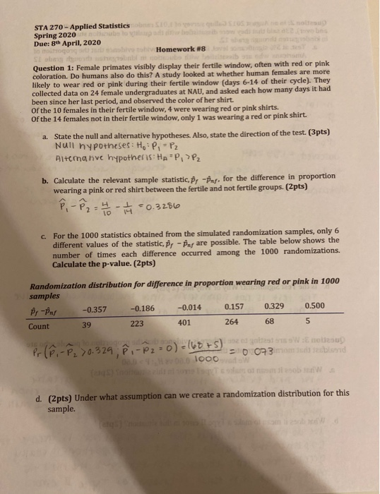 Solved STA 270 - Applied Statistics Spring 2020 Due: 8th | Chegg.com