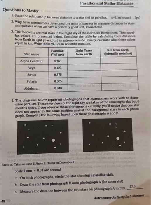 Solved Student Data Tables Table 1. Parallax Data Table | Chegg.com
