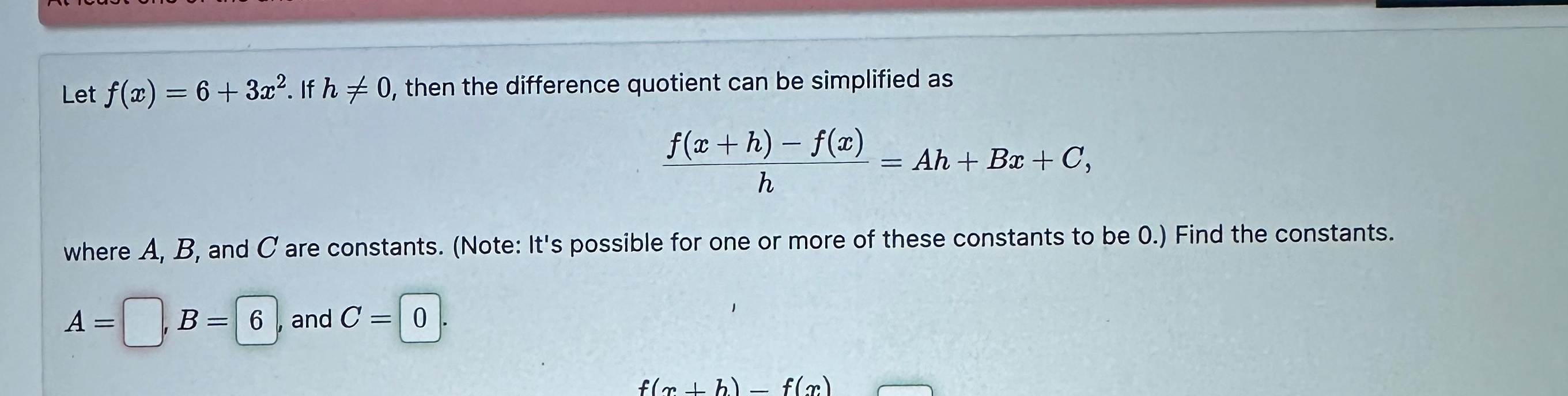 Solved Let f(x)=6+3x2. ﻿If h≠0, ﻿then the difference | Chegg.com