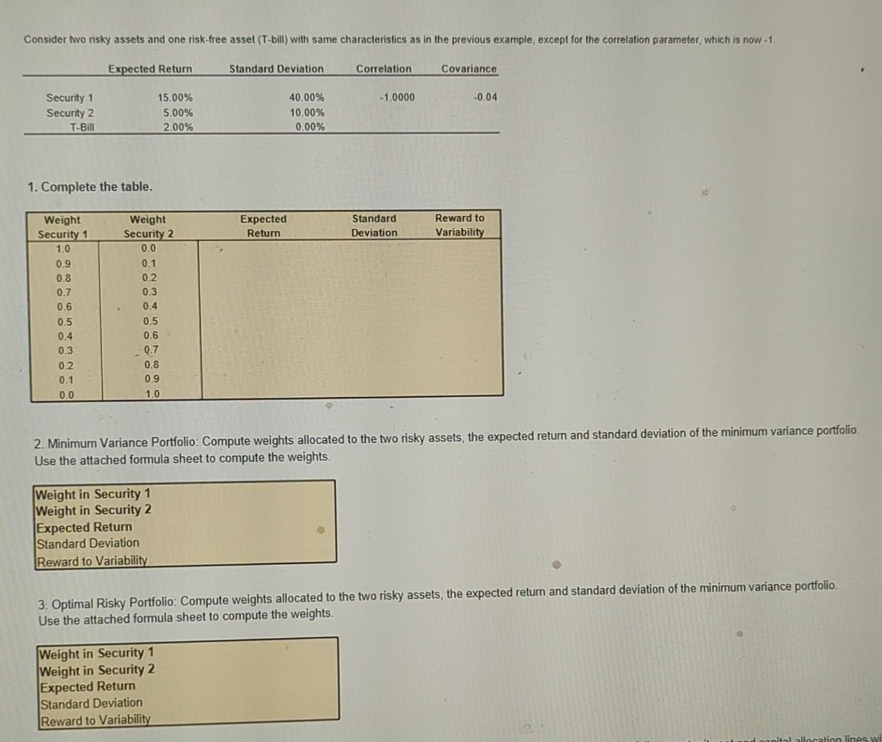 Solved 1. Complete the table. 2. Minimum Variance Portfolio: | Chegg.com