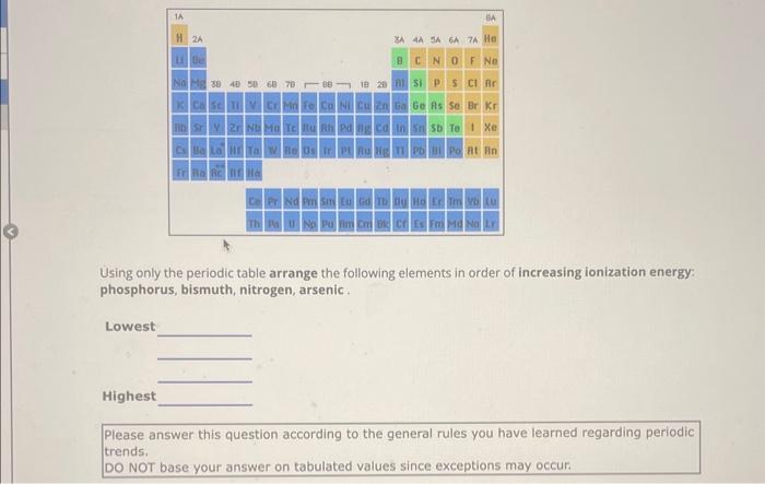 Solved Using only the periodic table arrange the following | Chegg.com