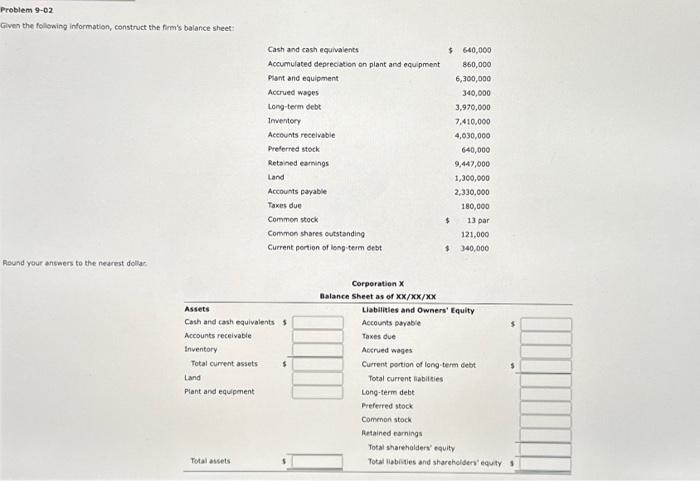 Solved Problem 9-02 Given the following information, | Chegg.com