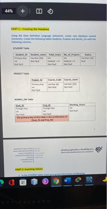 Solved 44% +1 O PART 1-Creating the Database Using the Data | Chegg.com